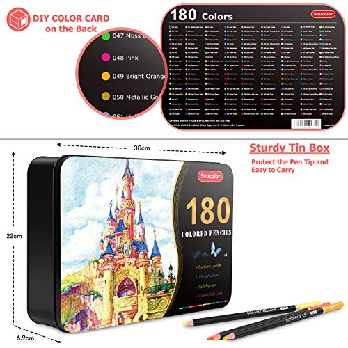 Soucolor 180-Color Artist Colored Pencils Set for Adult Coloring Books, Soft Core, Professional ...
